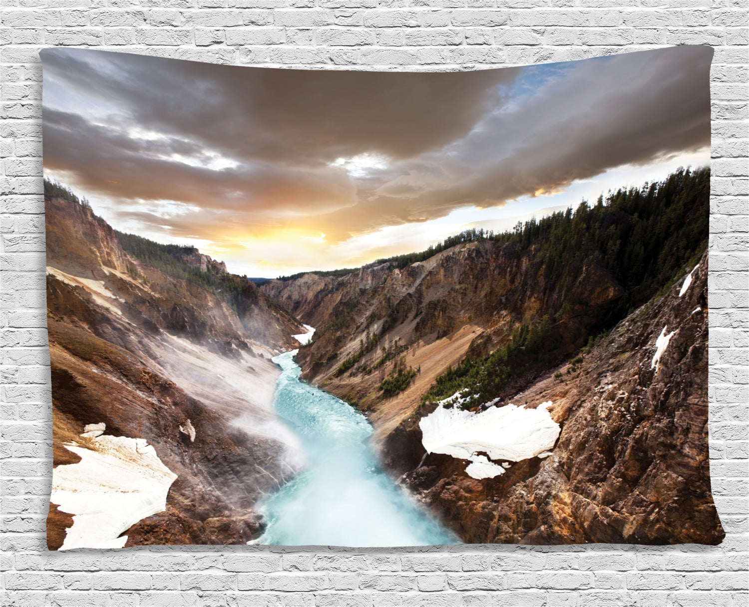 Yellowstone Decor Tapestry, Canyon in Dramatic Sky Dark Clouds and ...