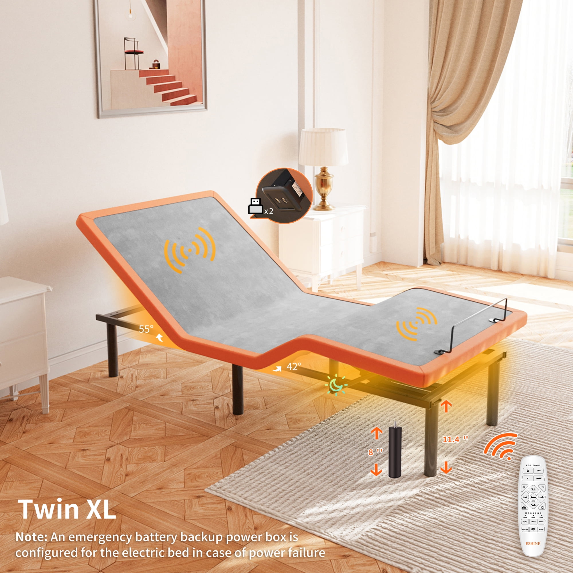 ESHINE Twin XL Adjustable Bed Frame, with Massage, Wireless Remote, USB ...