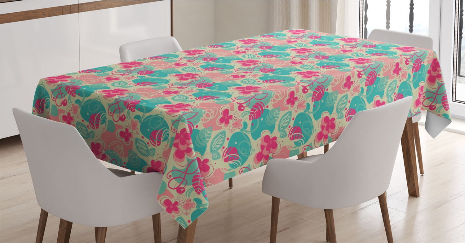 Retro Tablecloth, Doodle Style Flowers and Foliage Leaves with Hand ...