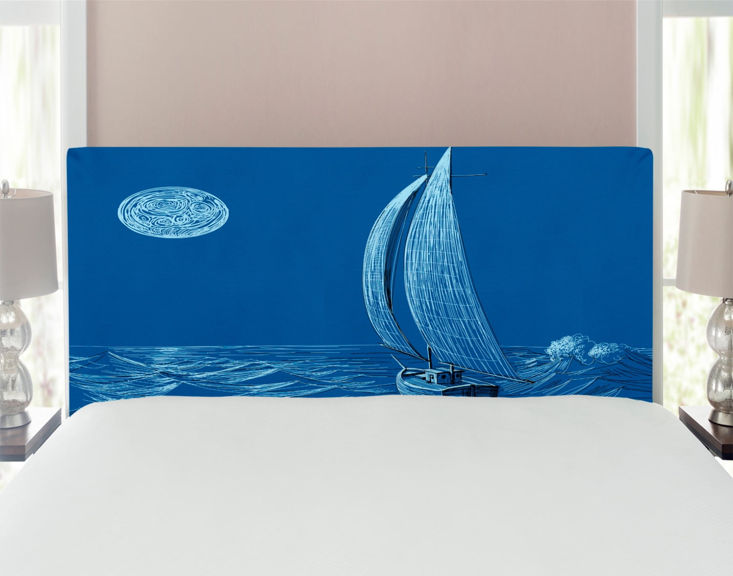 Sailboat Nautical Headboard, Night Sea View Sail Boat in Moonlight Wavy ...