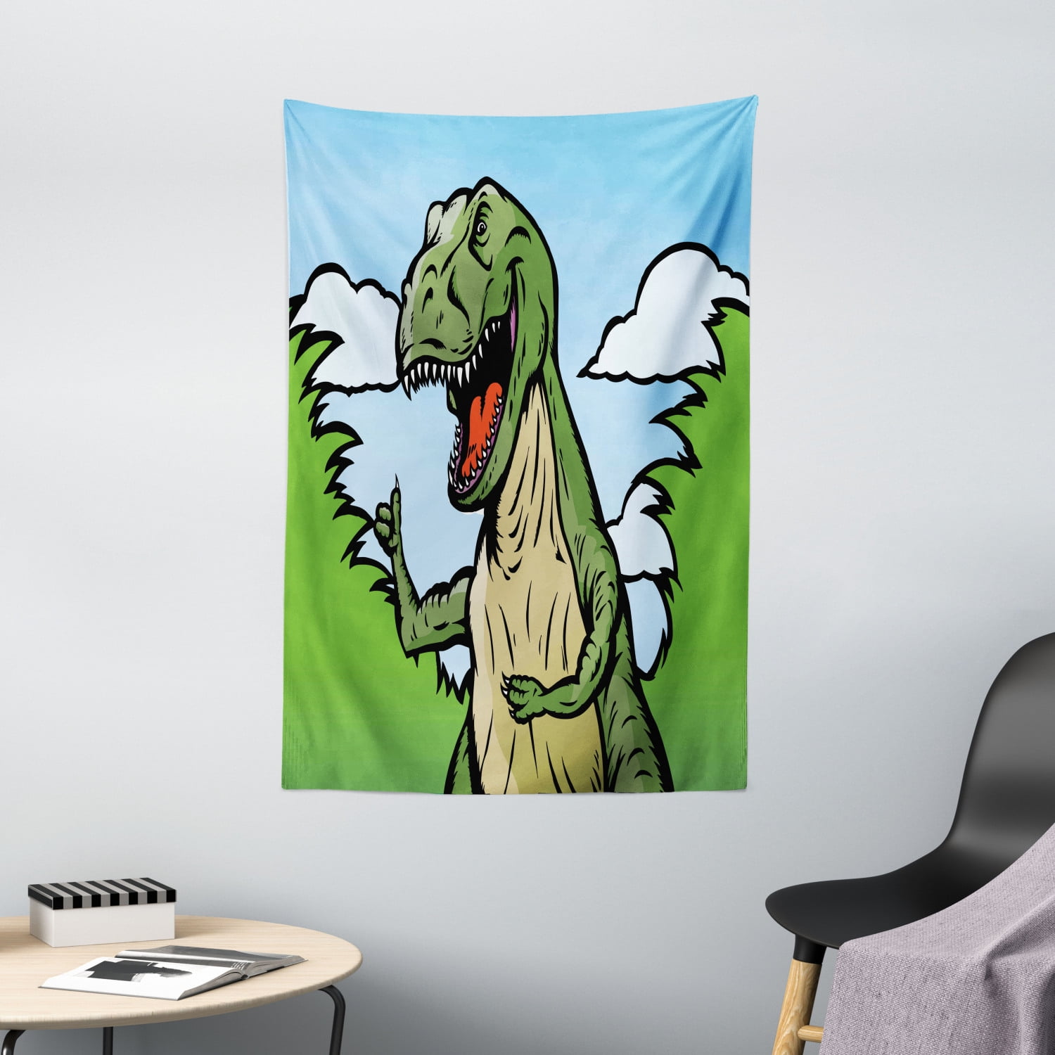 Dinosaur Tapestry, Cartoon T-Rex with Funny Face Giving Thumps Up ...
