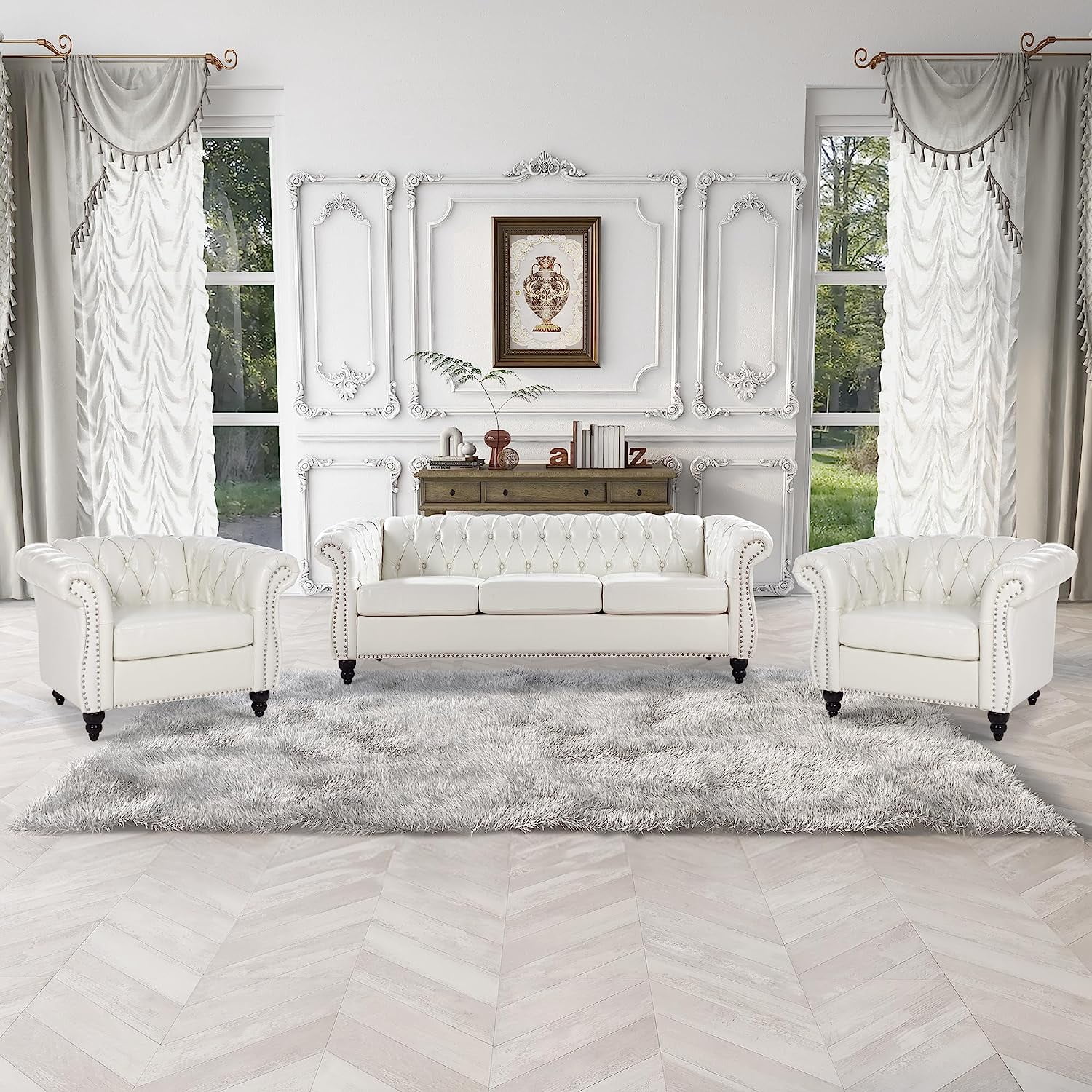 Holaki 85" Chesterfield Fabric 3 Seater Couch+39" Single Chair Set ...