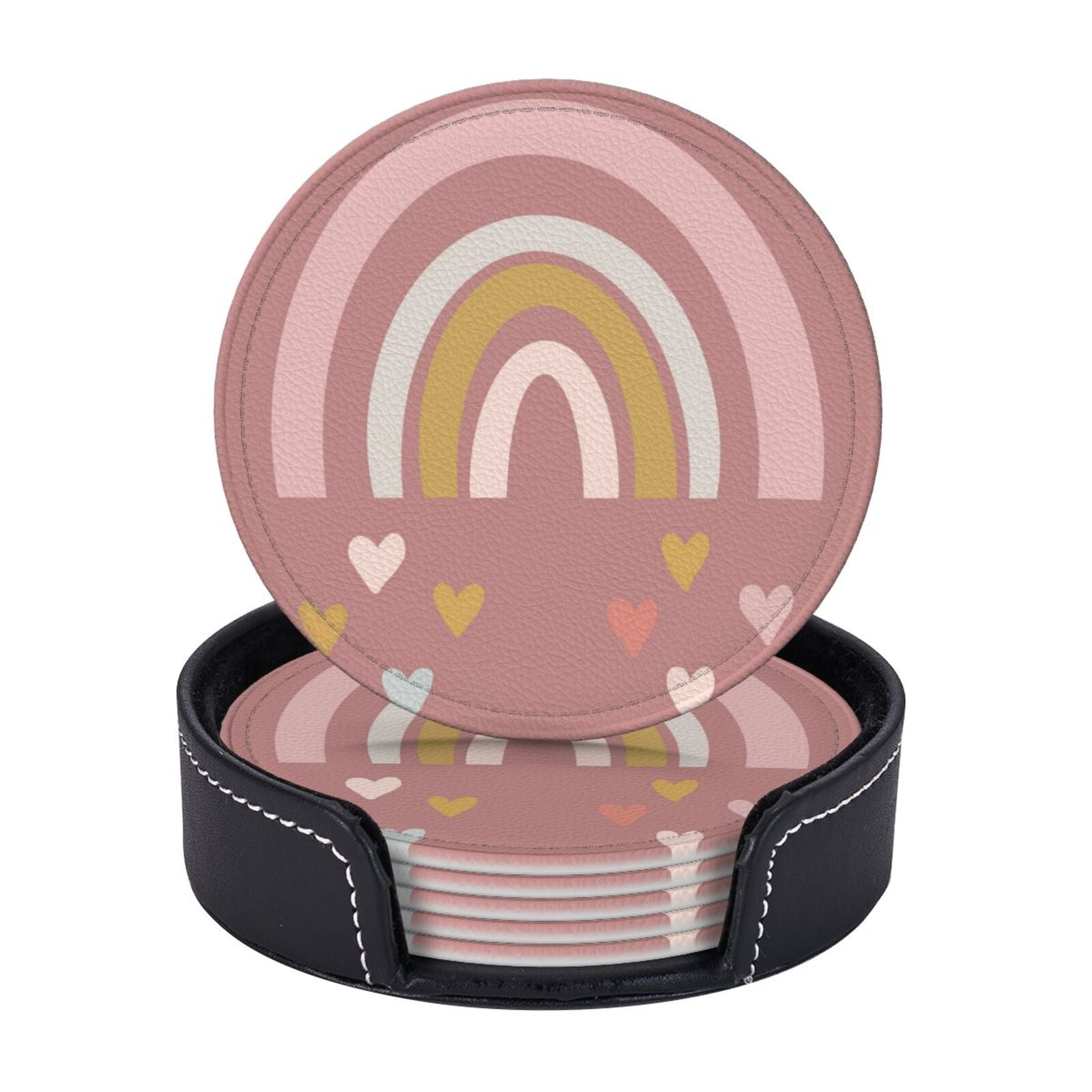 LNWH Coasters, Rainbow Hearts Kids Child Leather Round Coasters Set of ...