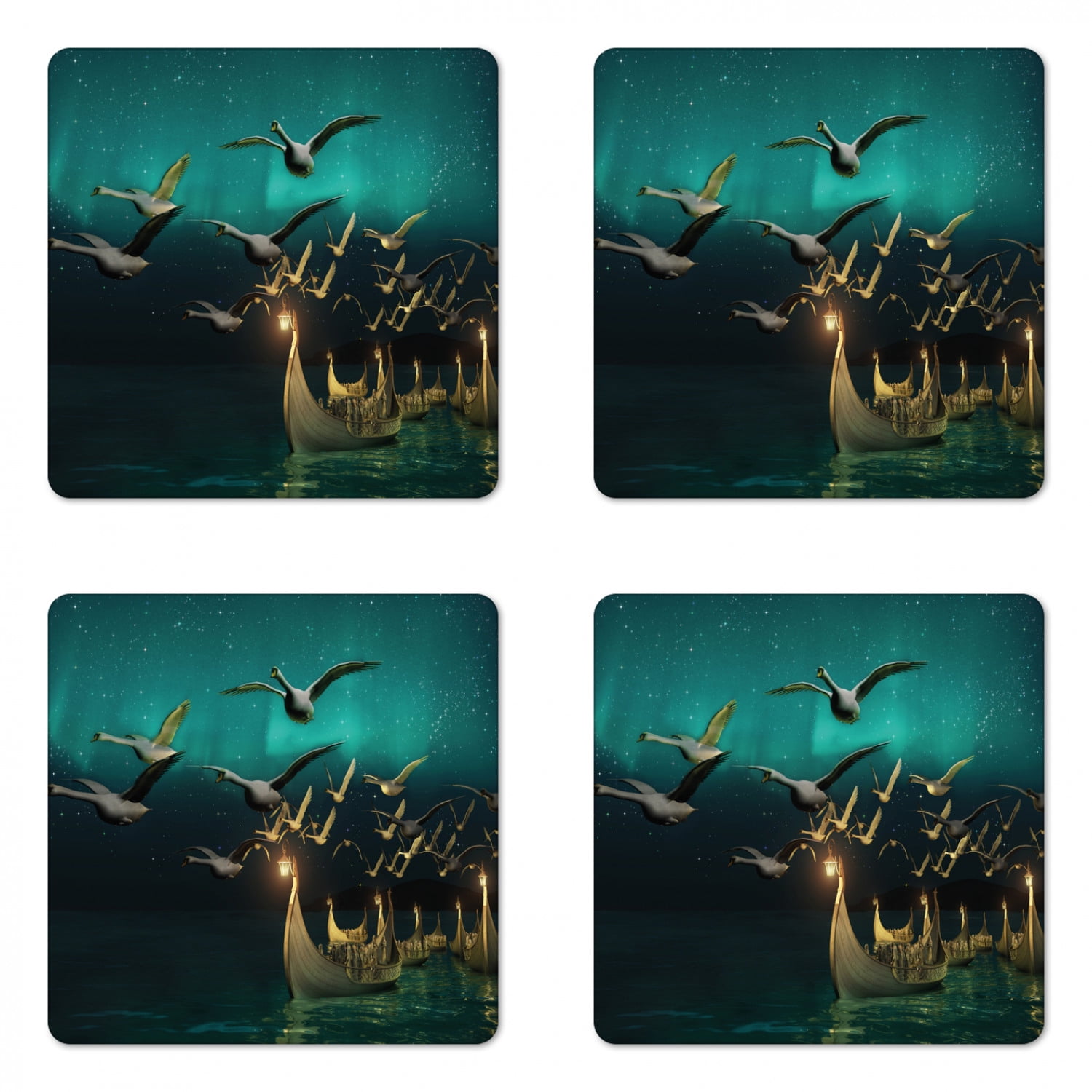 Fantasy Coaster Set of 4, Medieval Boats Birds Flying Mystical ...