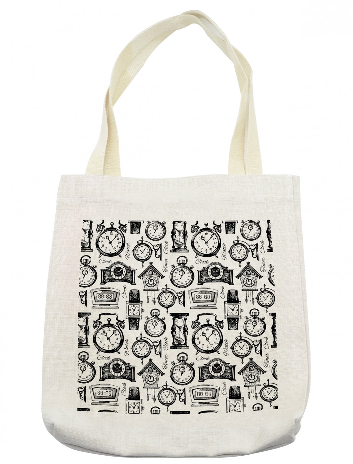 Clock Tote Bag, Hand Drawn Clocks and Watches Illustration Vintage ...