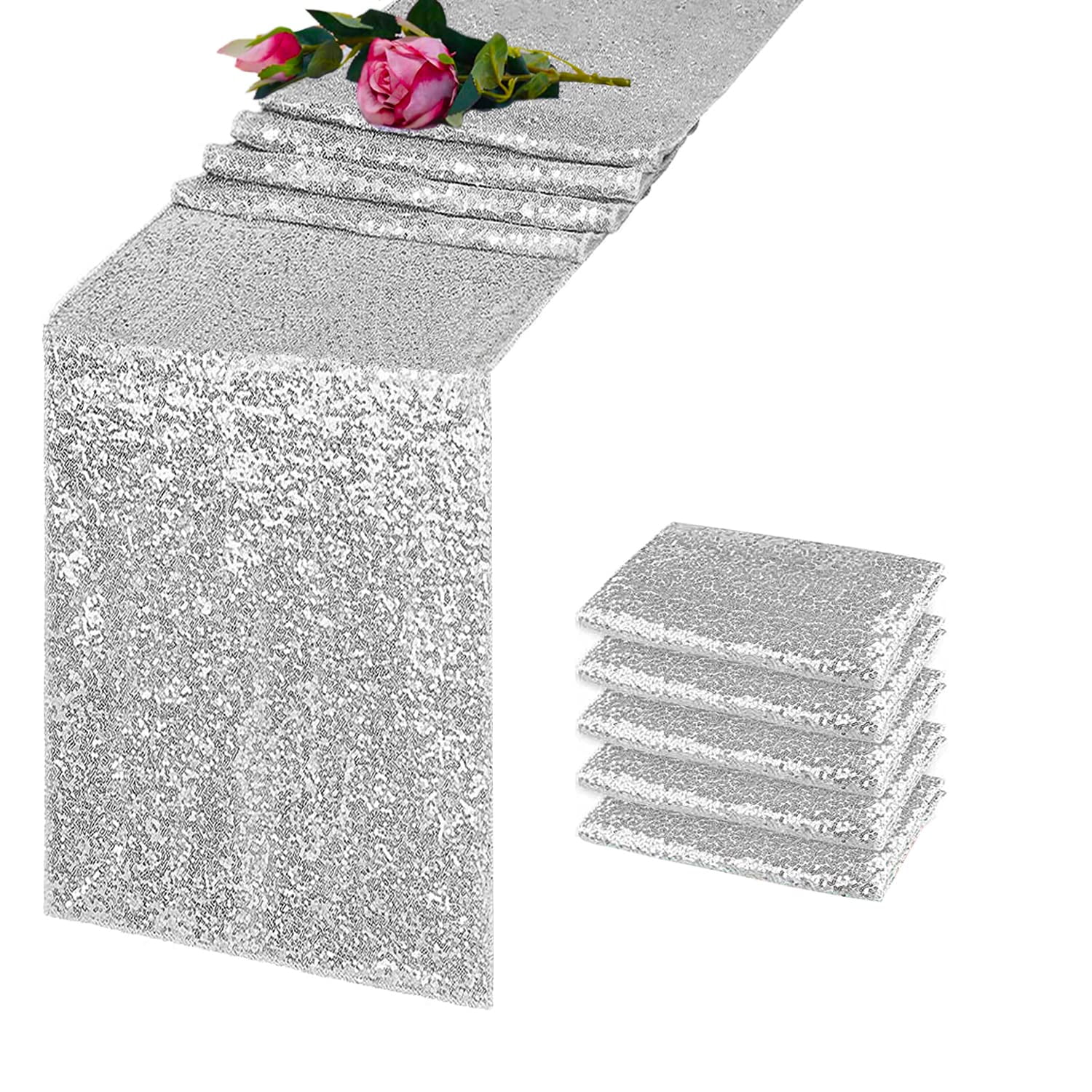 JYFLZQ Silver Sequin Table Runners 12 x72 inch Pack of 5 Glitter ...