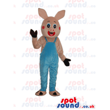 Customizable All Pink Rabbit SPOTSOUND Mascot Wearing Blue Overalls ...