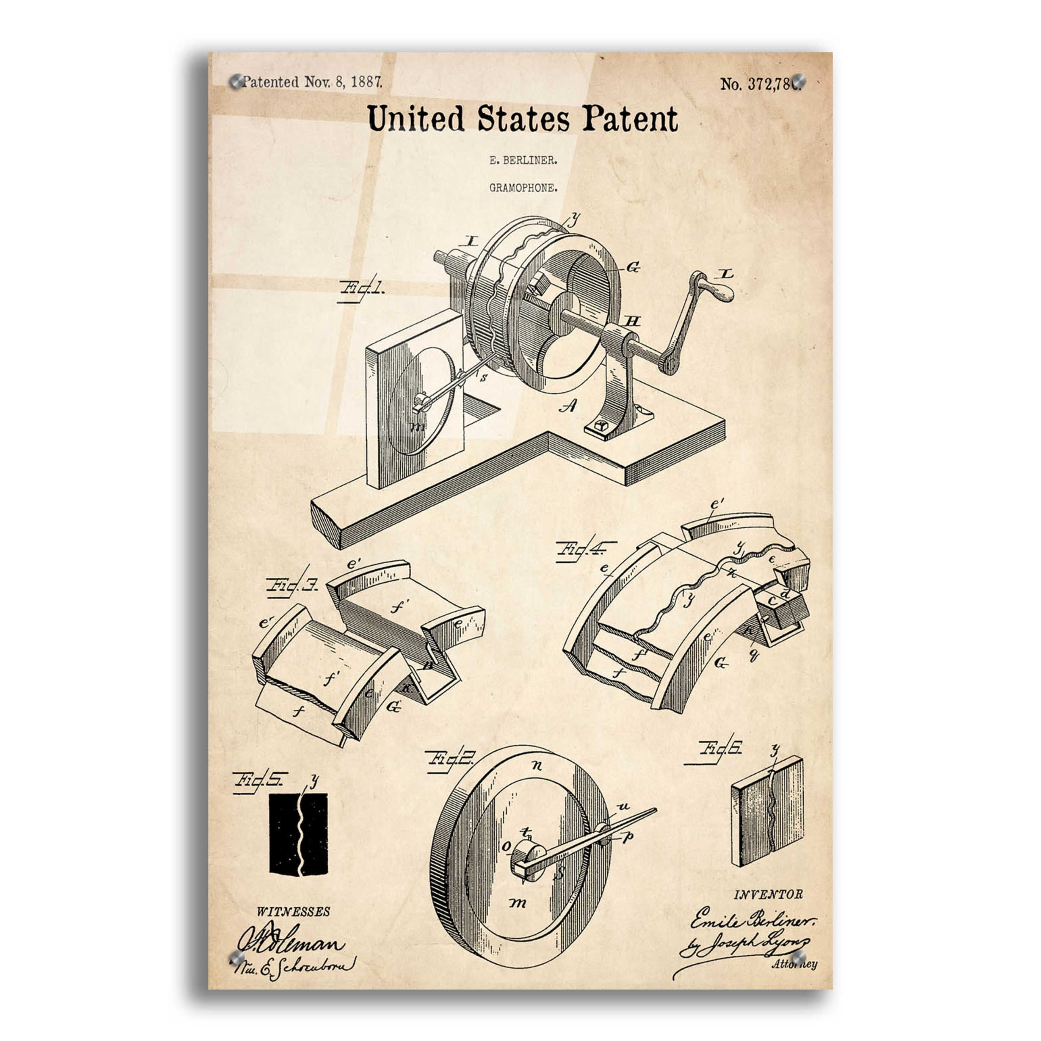Epic Art 'Gramophone, 1887 Blueprint Patent Parchment,' Acrylic Glass ...