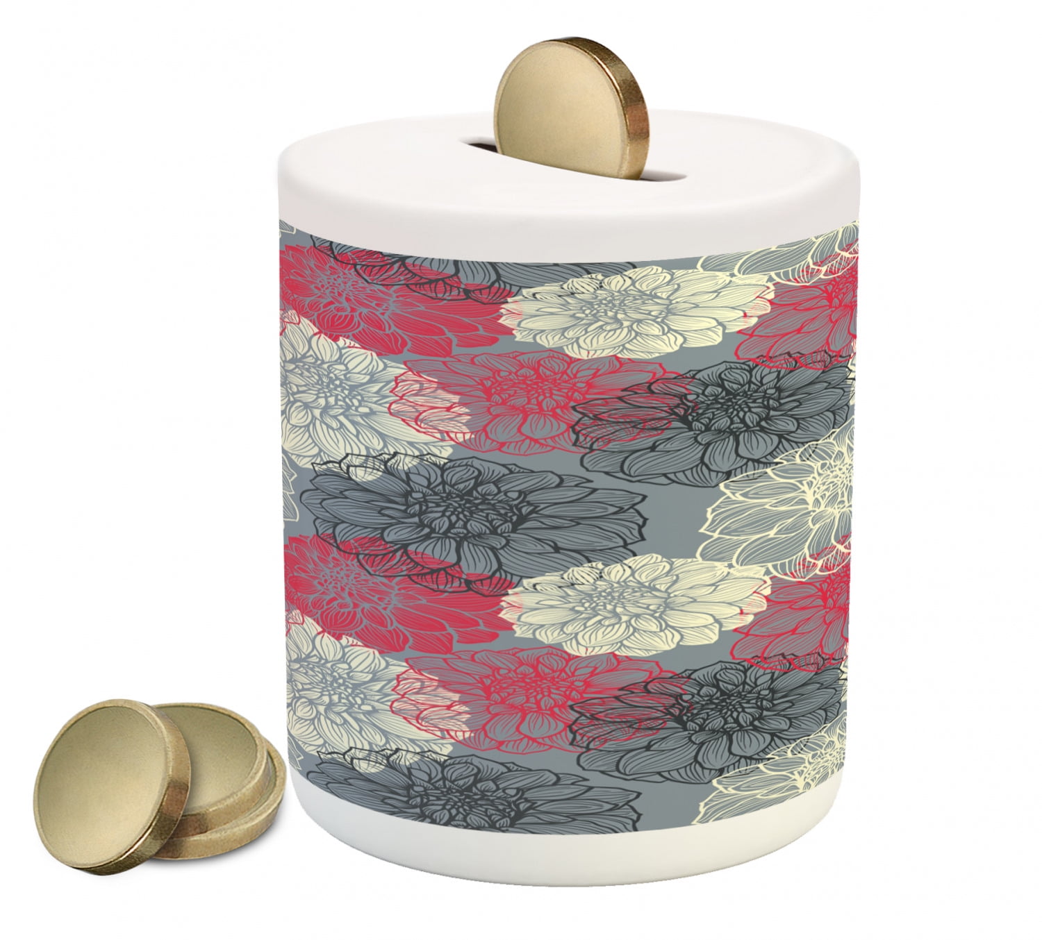 Dahlia Flower Piggy Bank, Hand Drawn Repeating Big and Small Flowers ...