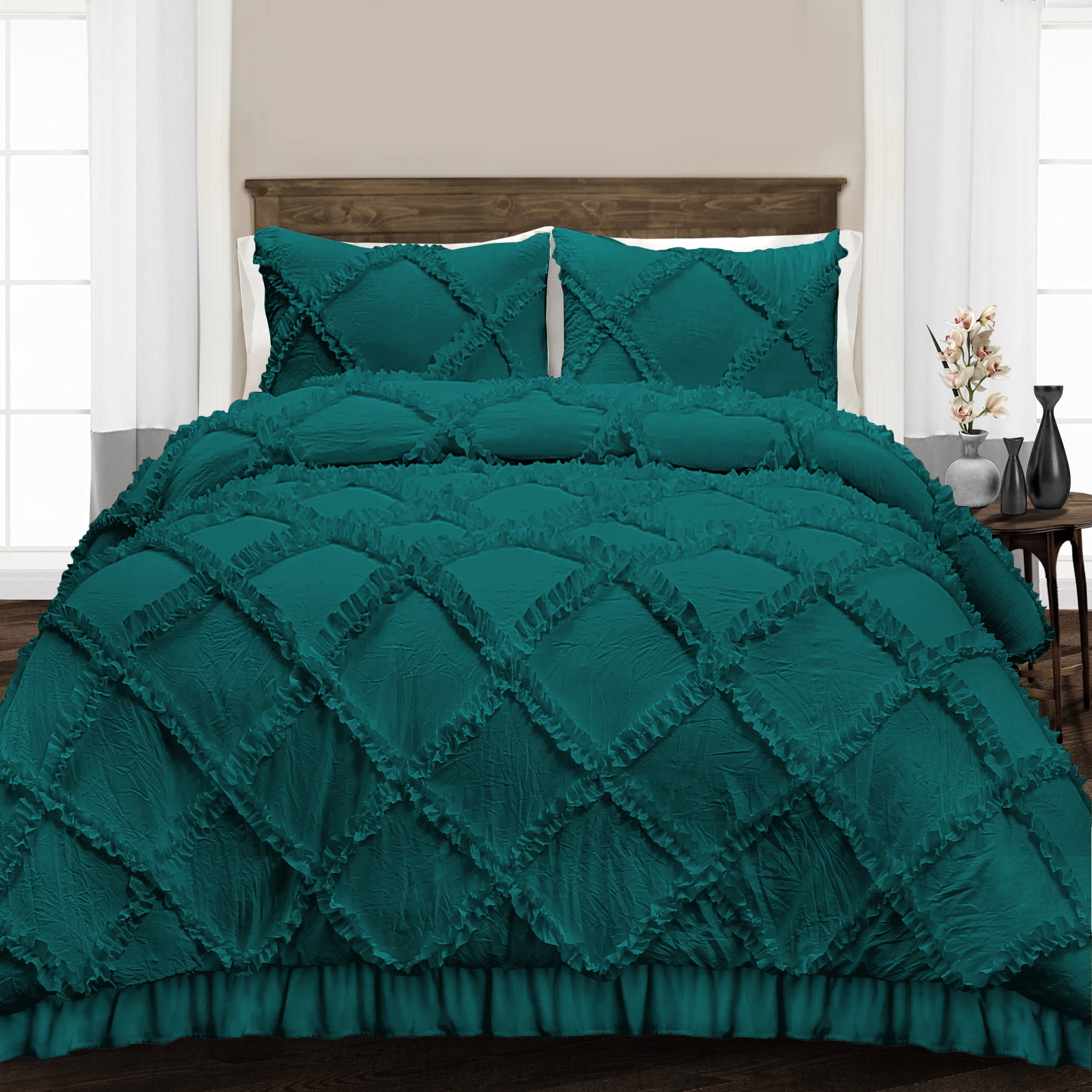 Oversized King/Palatial King Comforter Diamond Ruffle Teal Luxurious ...