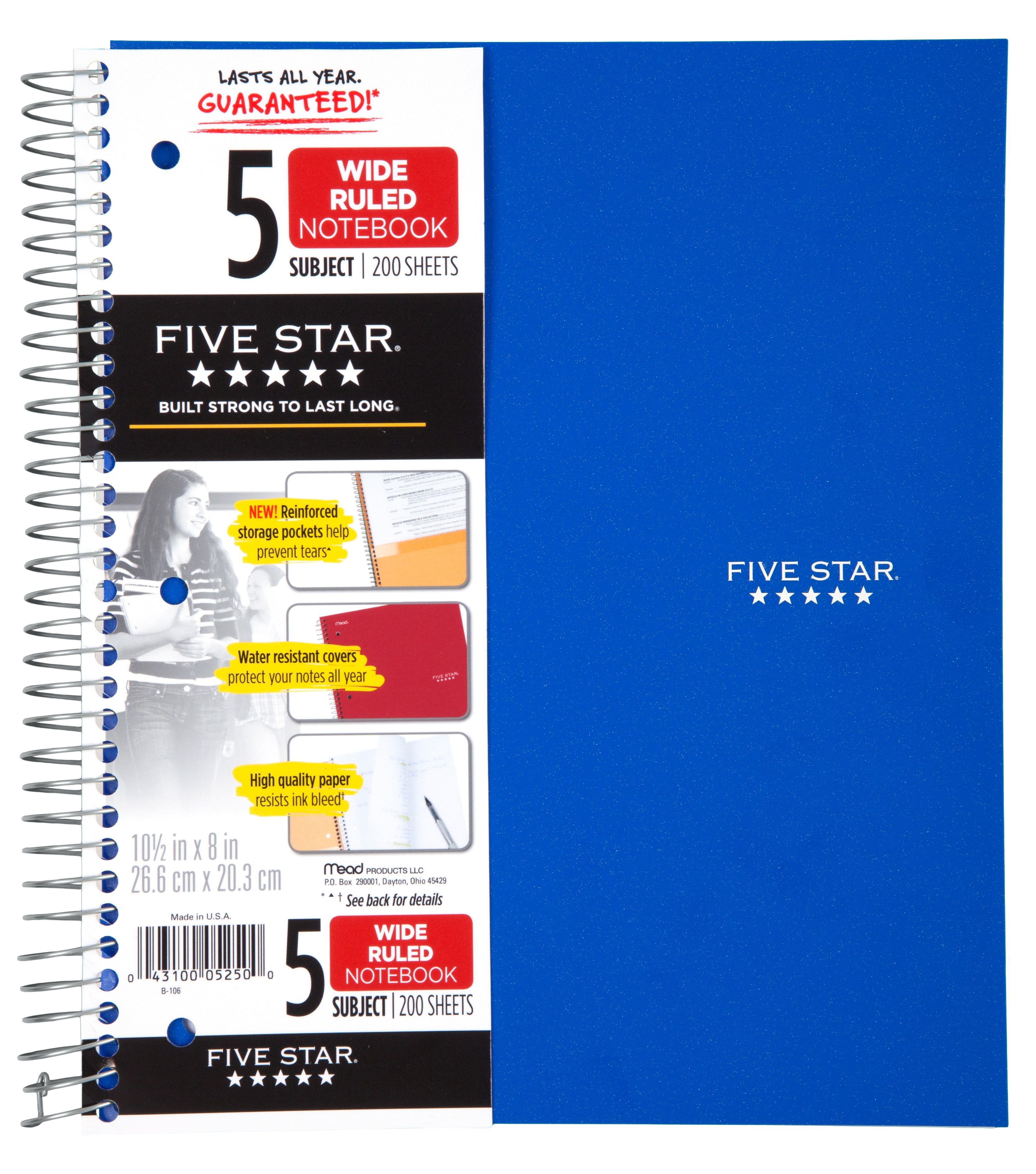 Five Star Trend Wire bound Notebook, 5 Subject, Wide Ruled, Cobalt Blue ...