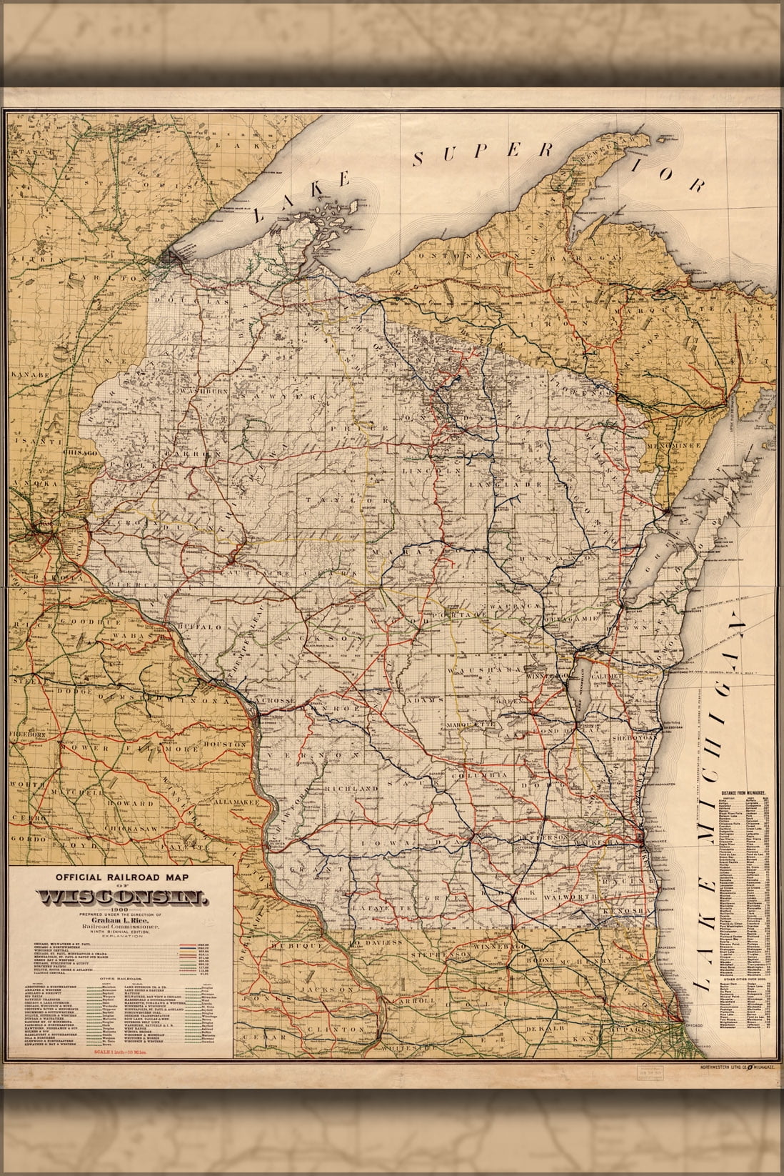 24"x36" Gallery Poster, Official railroad map of Wisconsin, 1900 ...