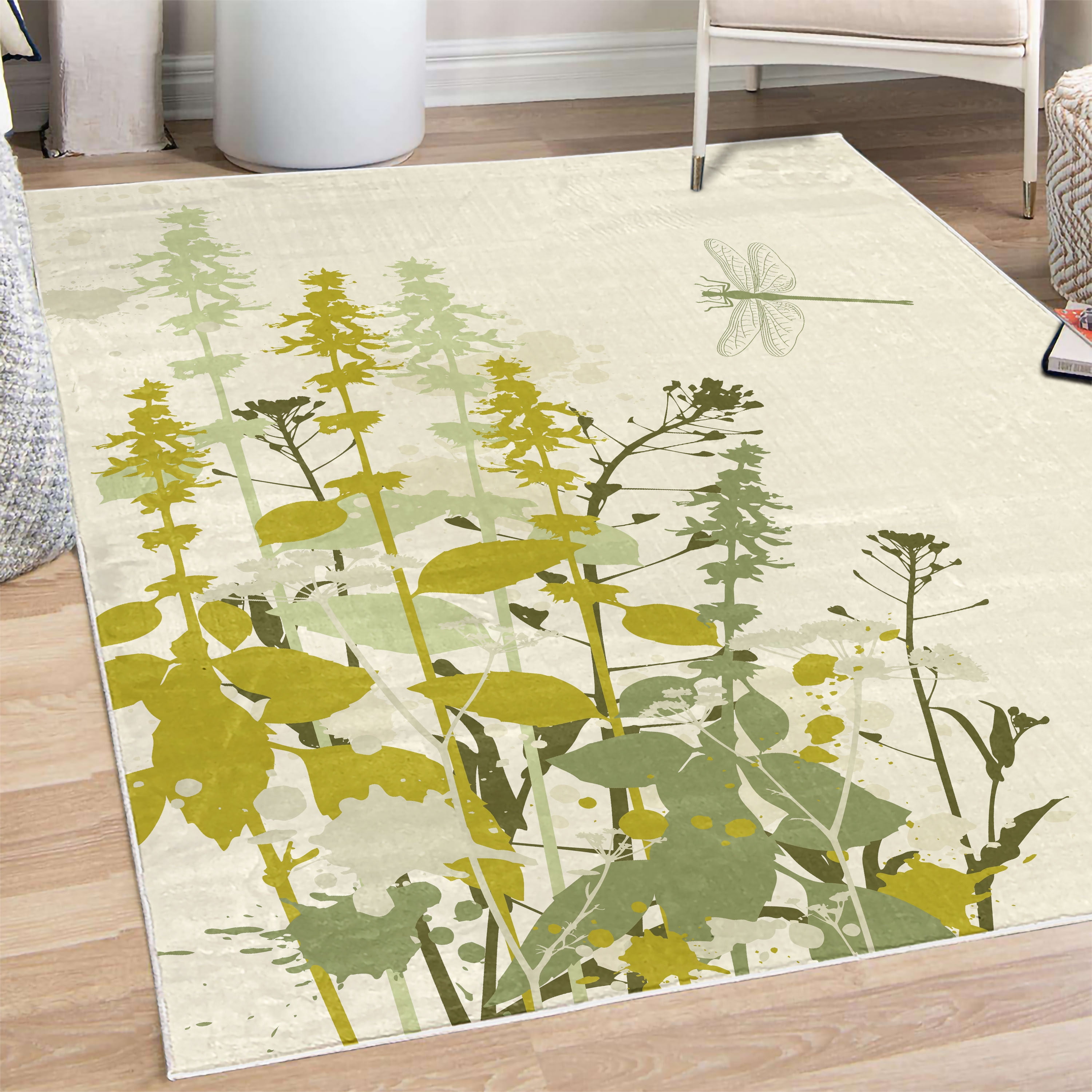 Dragonfly Decorative Rug, Nature Plants Grass with Wildflowers with ...