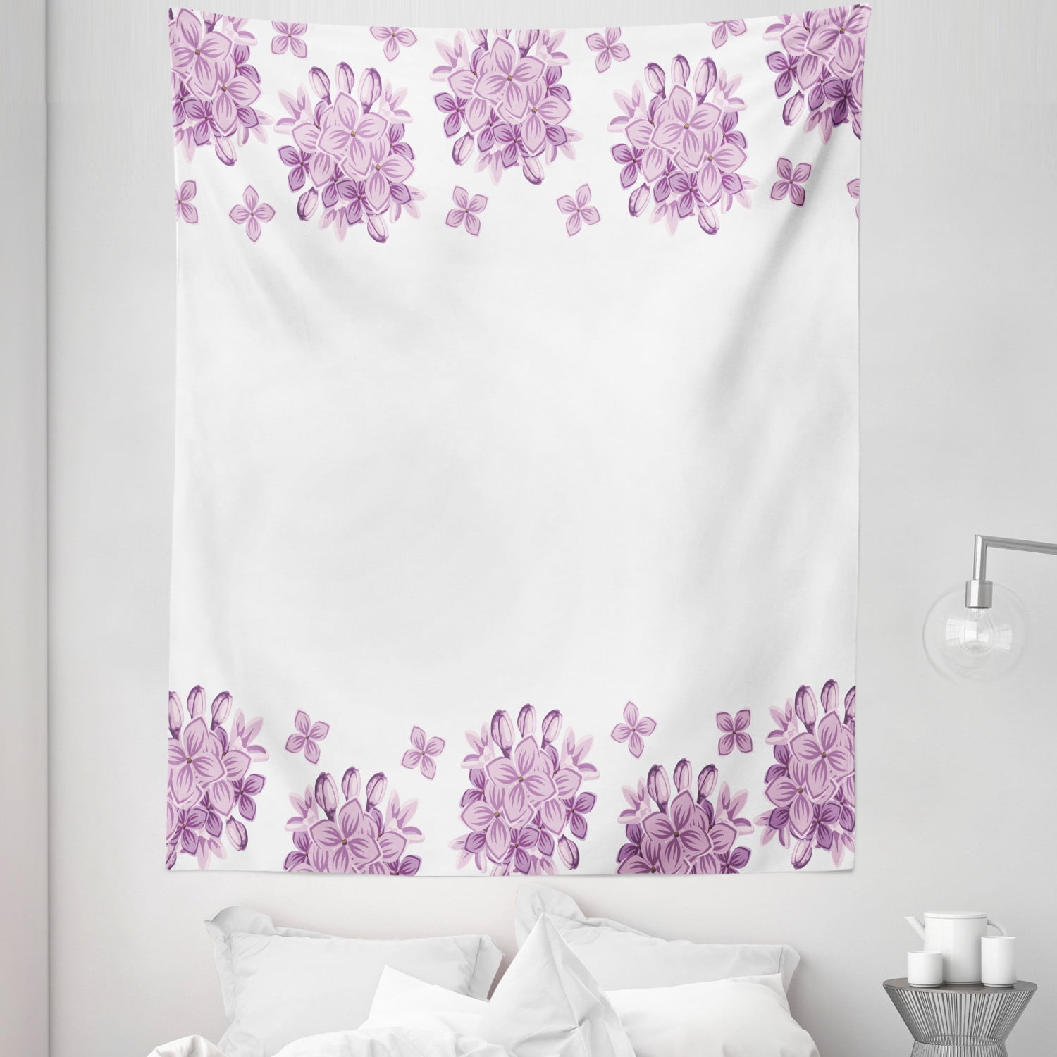 Floral Tapestry, Graphic Lilac Flower Blossoms on White Background ...