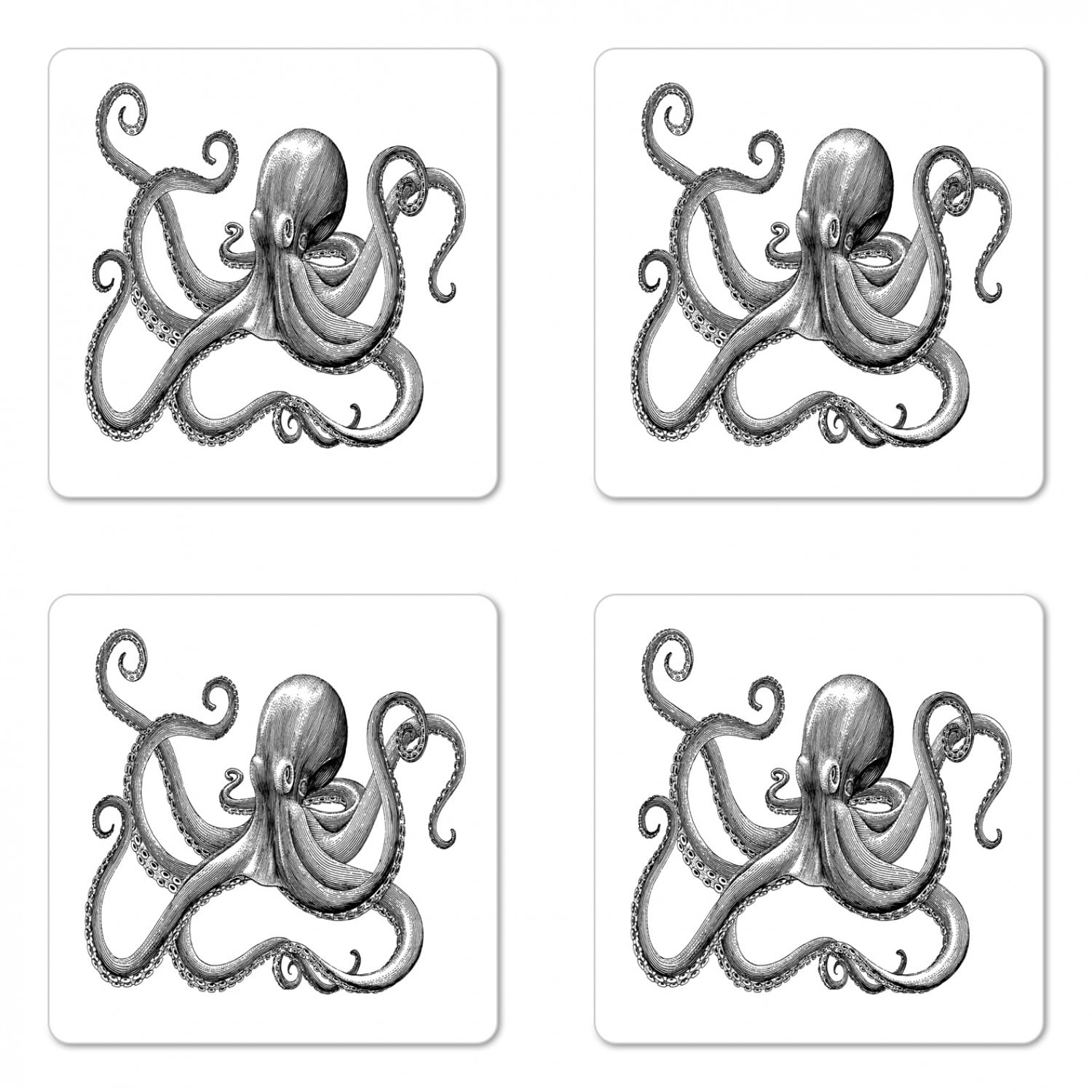 Octopus Coaster Set of 4, Vintage Style Hand Drawing Image of a Sea ...