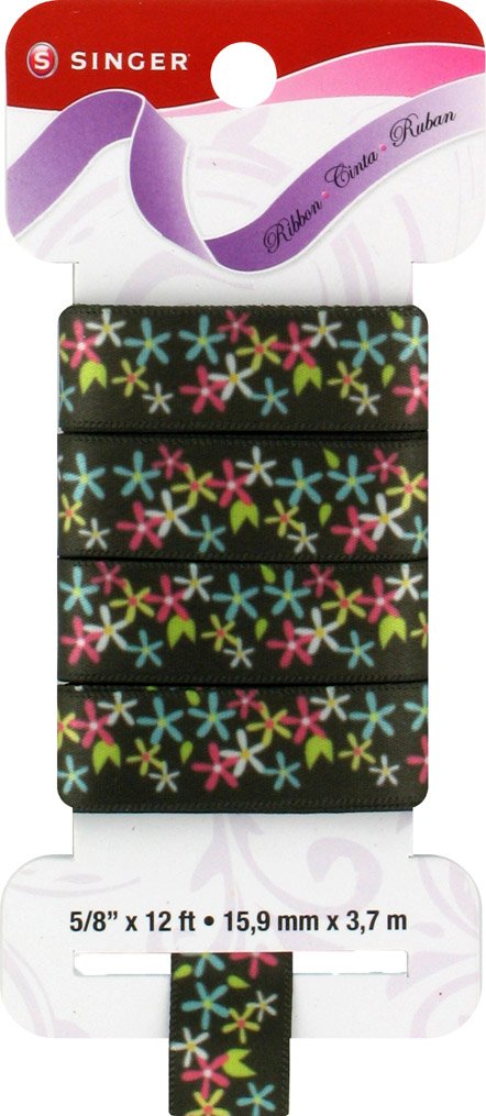 SINGER Satin Ribbon, 5/8-Inch 12-Feet, Spring Flowers Print, Black ...