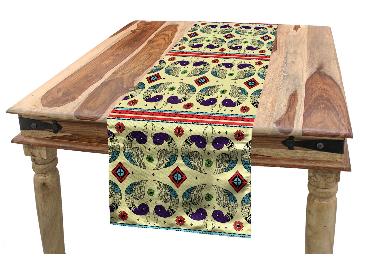 Tribal Table Runner, Creative Peacock Pattern with Flowers Abstract ...