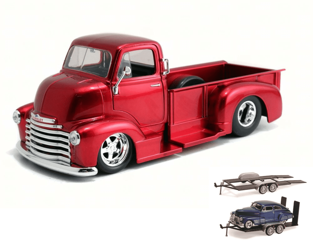 Diecast Car & Trailer Package - 1952 Chevy Coe Pickup, Red w/ Chrome ...