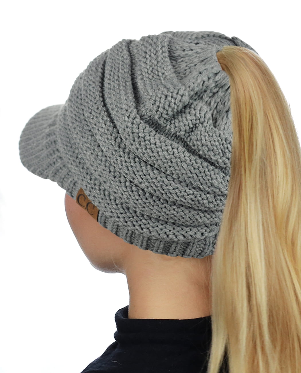 C.C BeanieTail Warm Knit Messy High Bun Ponytail Visor Beanie Cap ...