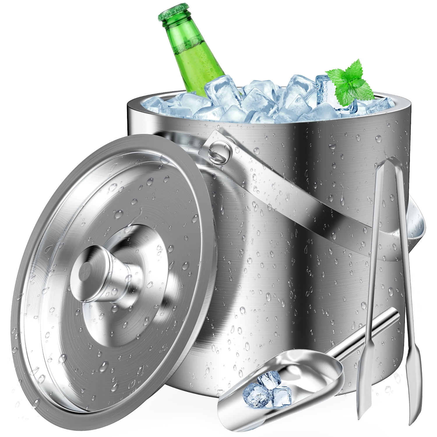 2L Stainless Steel Ice Bucket, FiveHome Double Wall Insulated Ice ...
