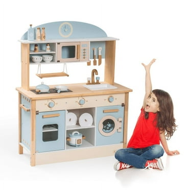 Costway 2 in 1 Kids Toddler Wood Play Kitchen & Restaurant Double Sided ...