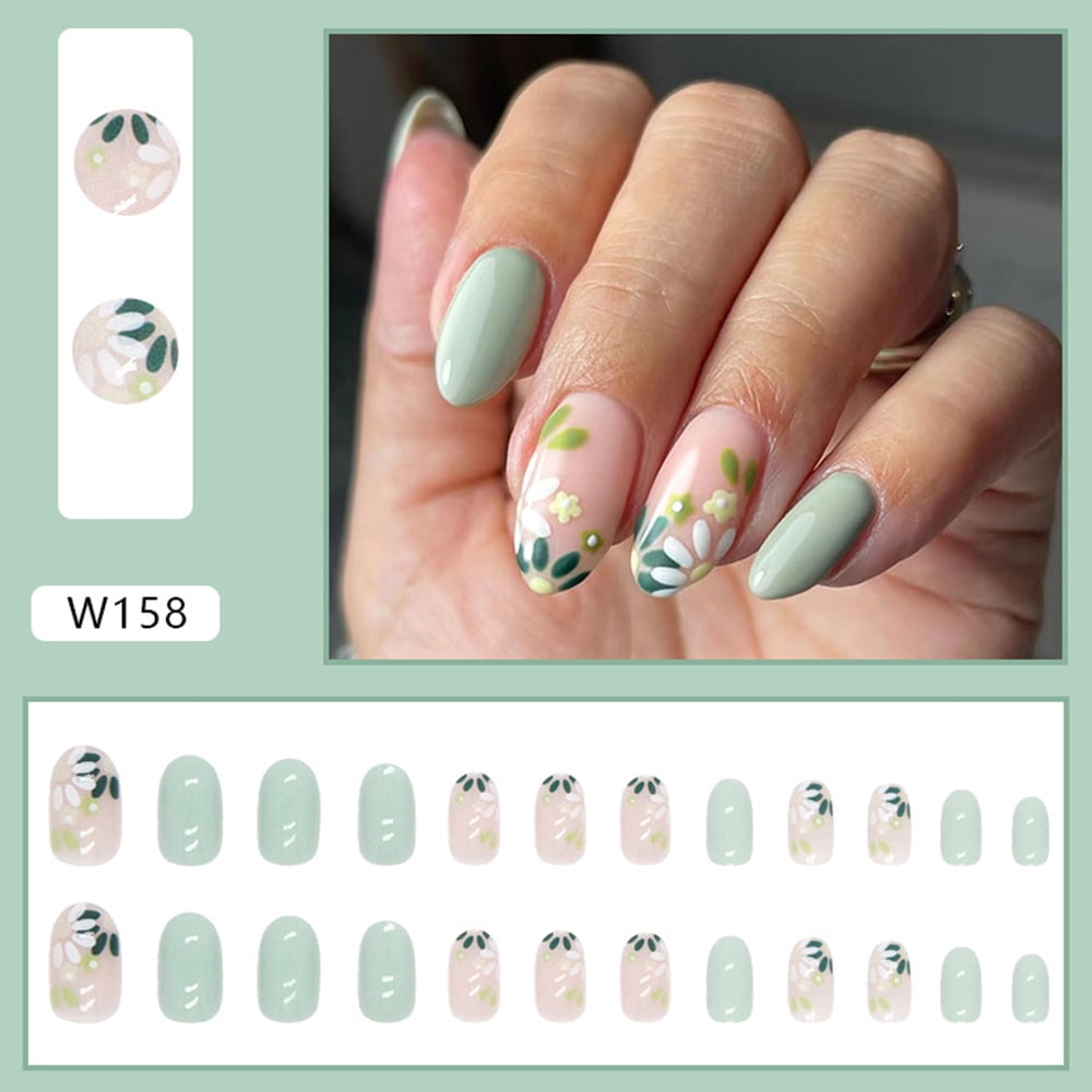 24Pcs Glossy False Nails Mint Milk Green Round Head Fake Nails for ...