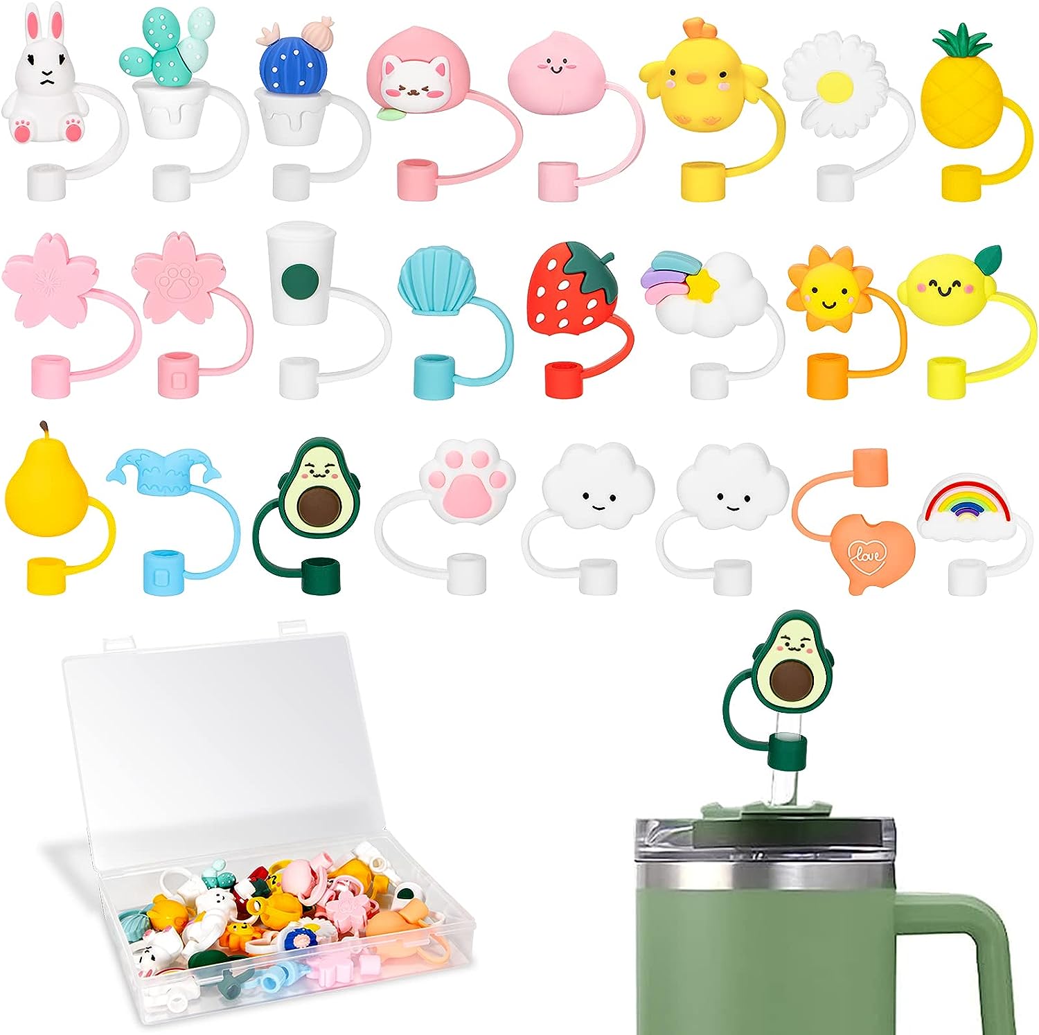 24 Pieces Silicone Straw Covers Cap Reusable Cute Straw Toppers Straw ...