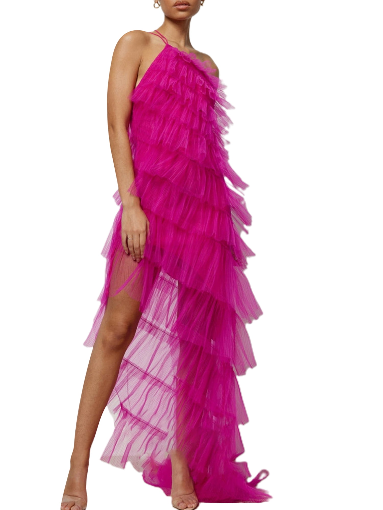 Women Sexy Ruffles Strapless Dress Mesh Floral Tassels Split Maxi Dress ...