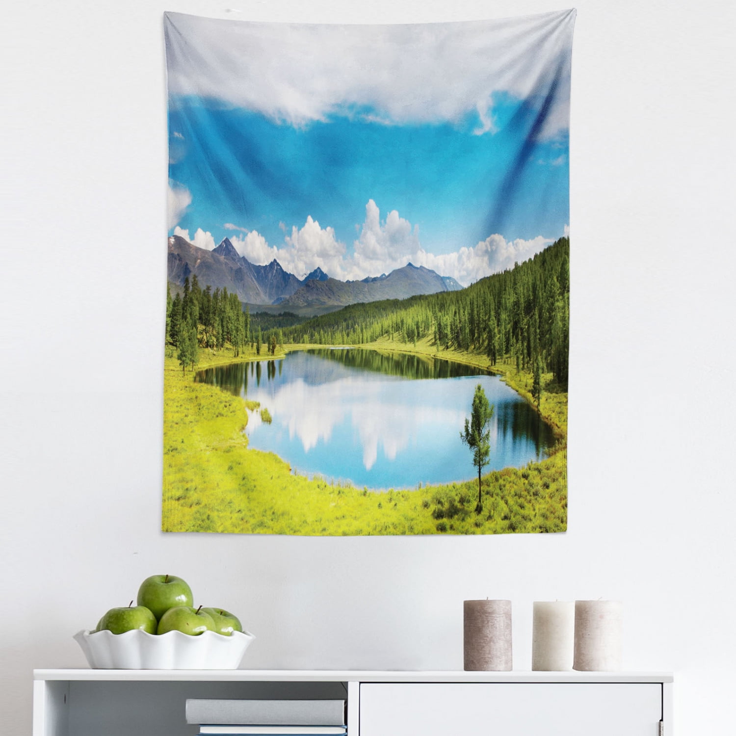 Nature Tapestry, Mountain Woodland Forest and Lake in Sunny Cloudy Sky ...