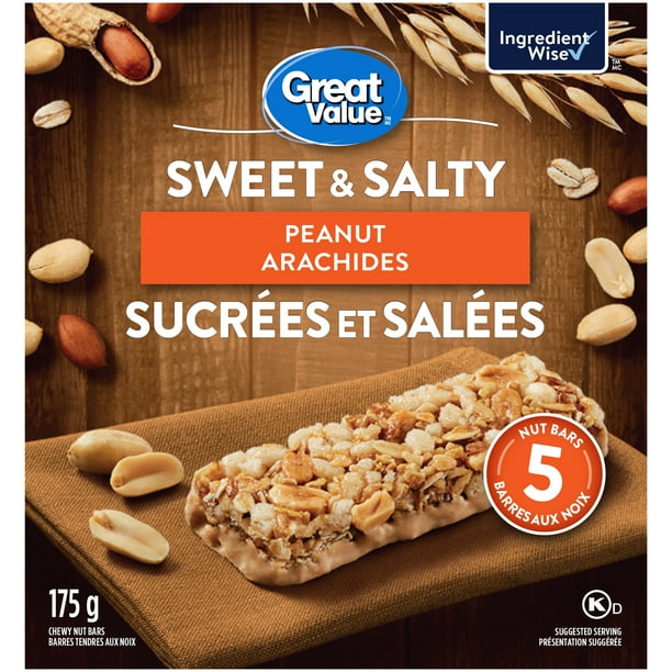 Great Value Sweet & Salty Peanut Chewy Nut Granola Bars, 5 Bars, 175 g ...