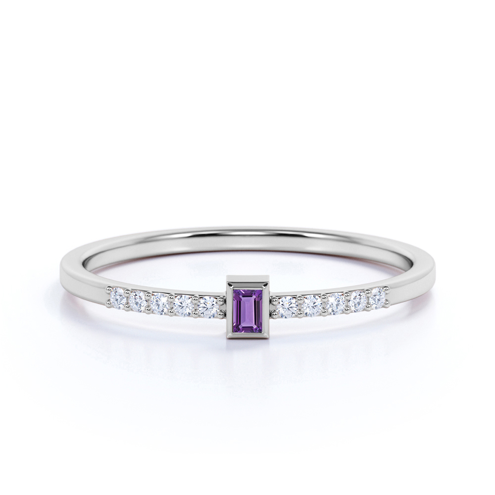 Baguette Cut Purple Amethyst and Pave Diamond Dainty Stacking Ring in ...