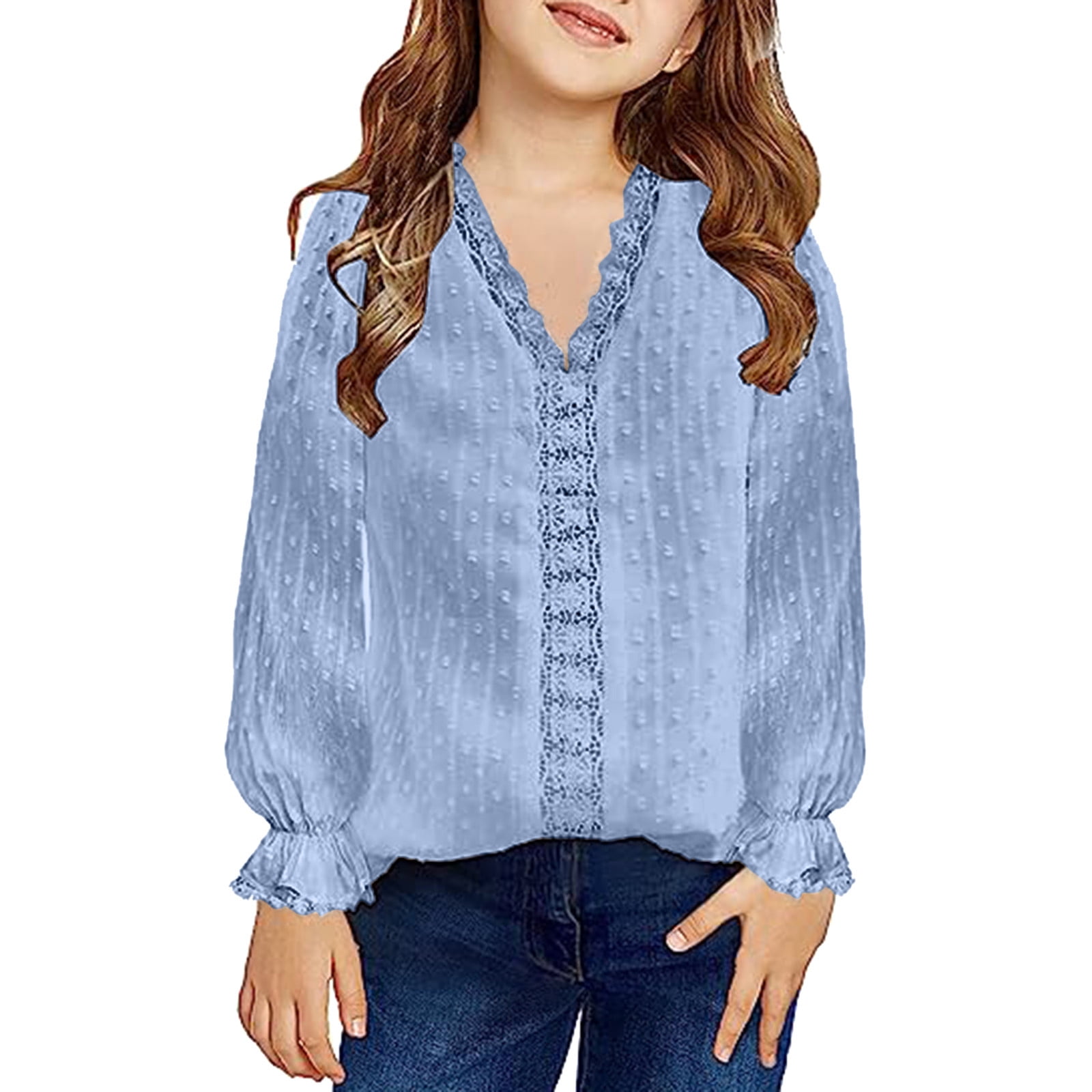 Gubotare Girls T-Shirt Plus Size Girls Cute Long Sleeve V Neck Chiffon ...