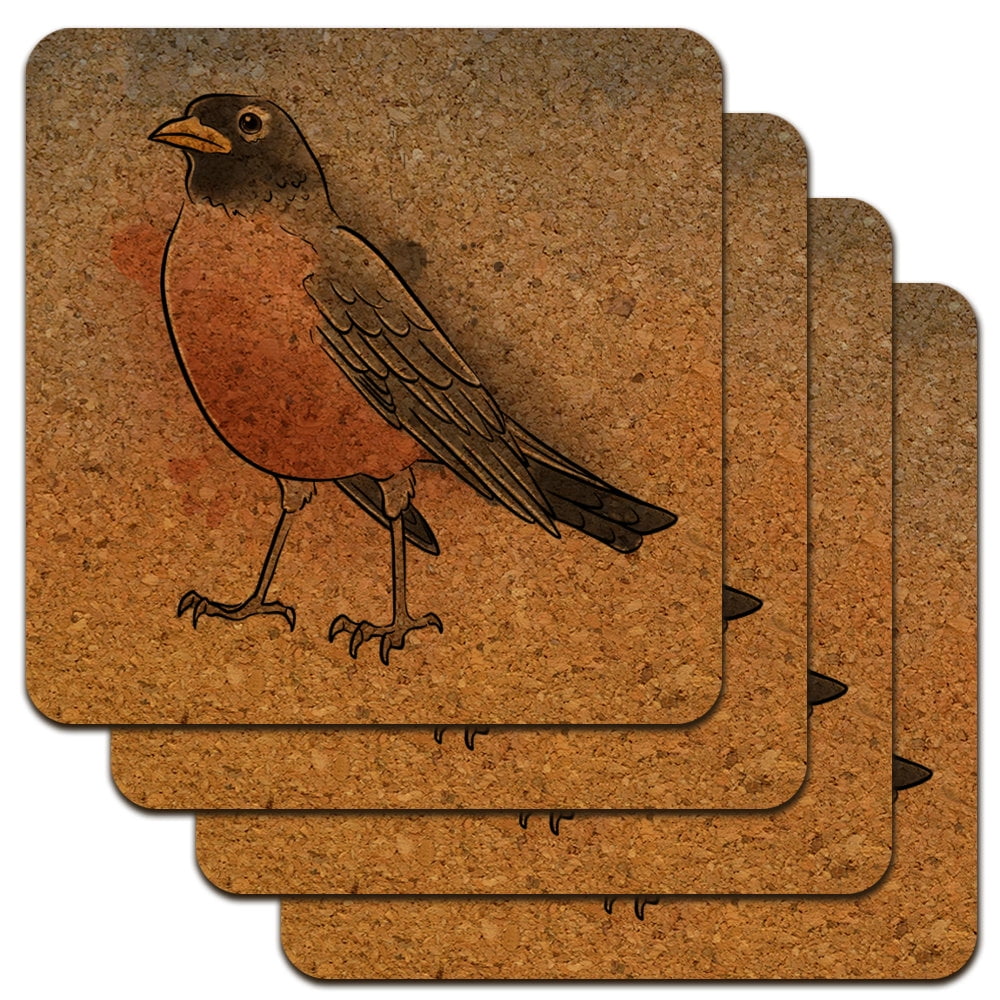 Robin Watercolor Northeastern Bird Low Profile Novelty Cork Coaster Set ...