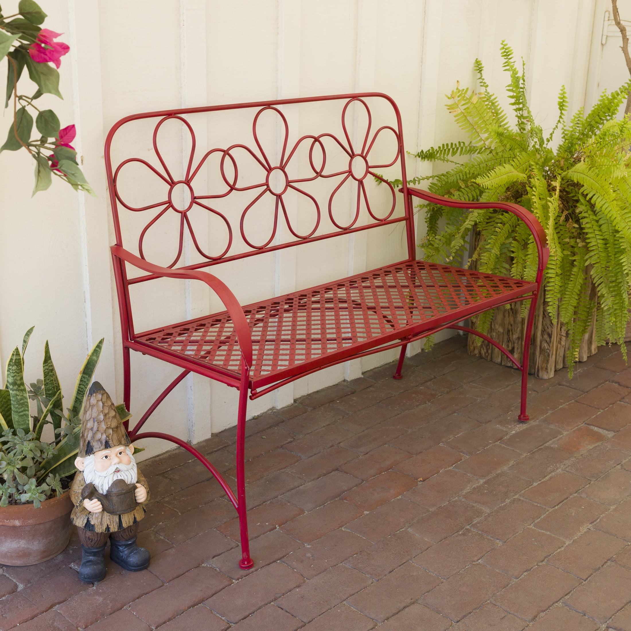 Alpine Corporation 45" x 21" x 36" Steel Daisy Garden Bench, Red ...
