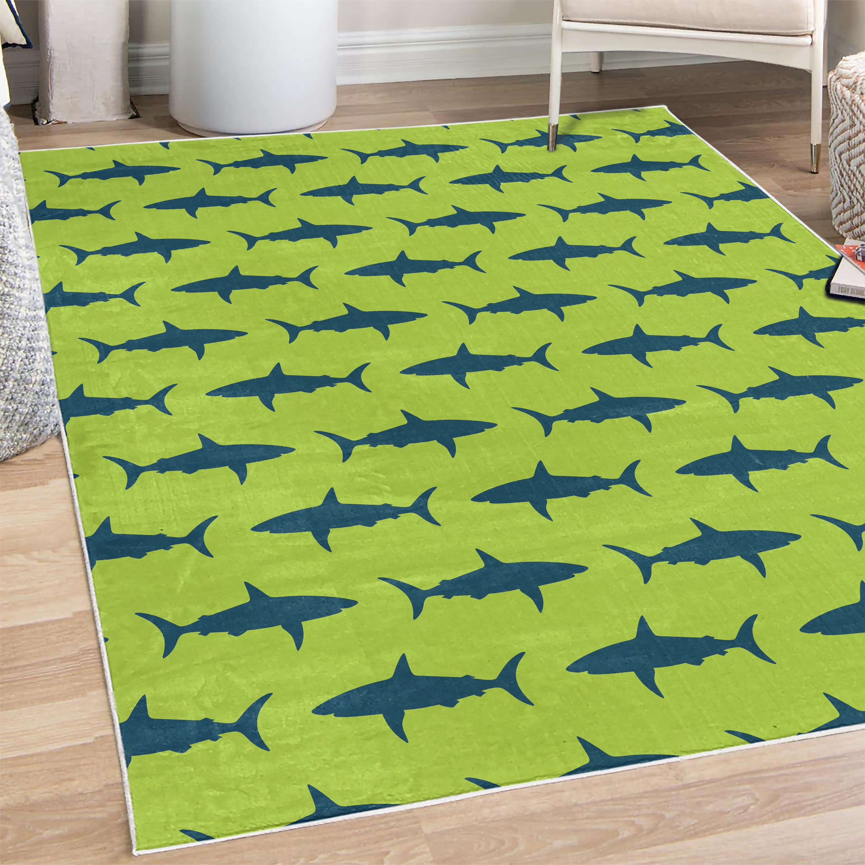 Sea Animals Decorative Rug, Sharks Swimming Horizontal Silhouettes ...