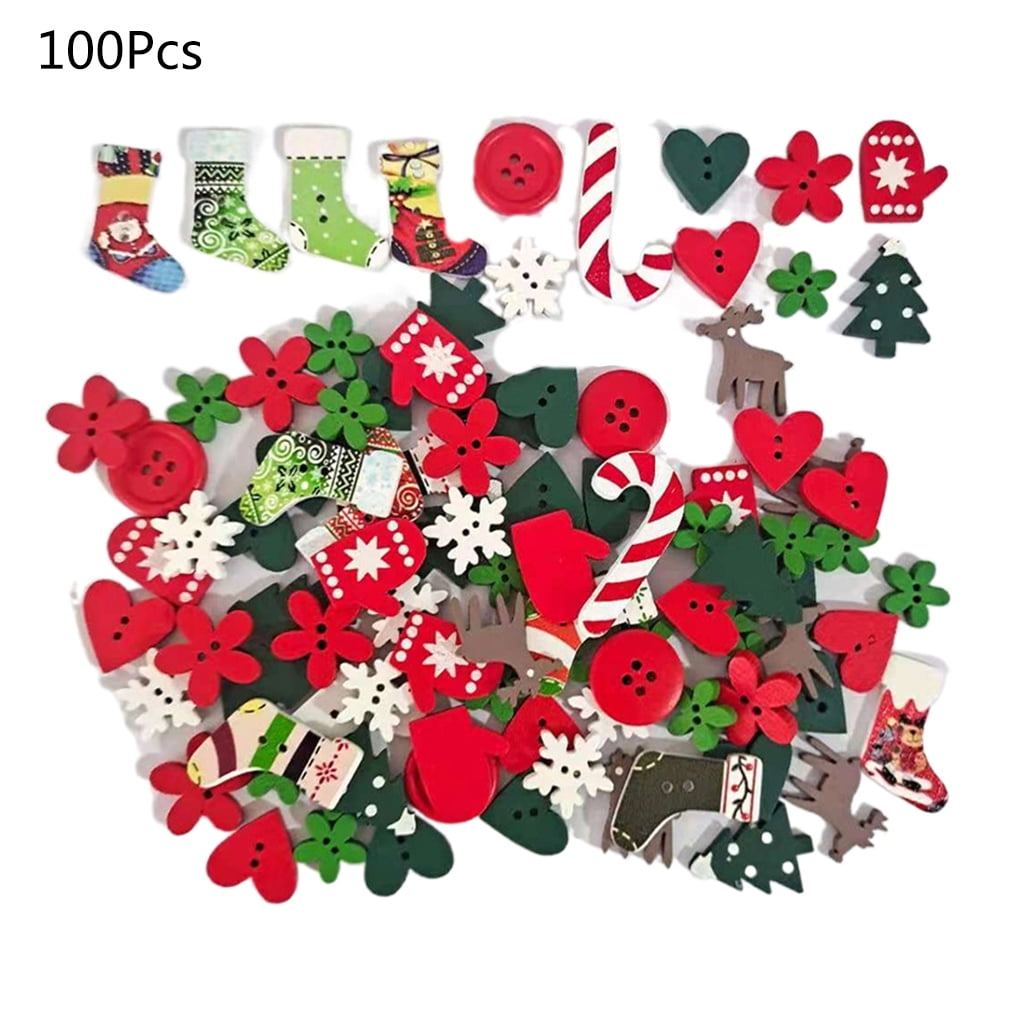 100Pcs Assorted Christmas Wooden Buttons Tree Snowflake Glove Reindeer ...