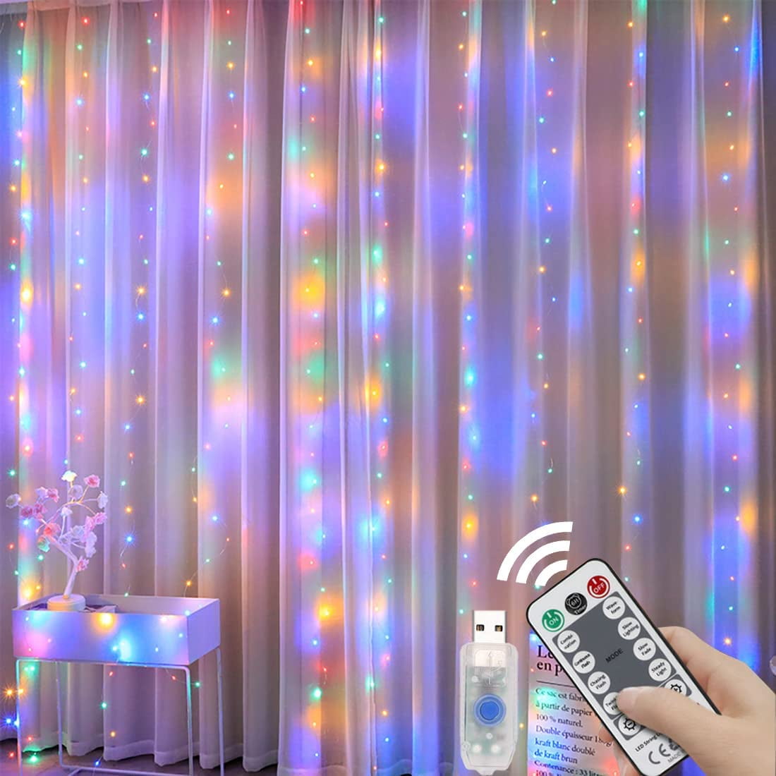 Curtain String Lights,7.9Ft x 5.9Ft 144LED USB Powered Fairy Lights,8 ...