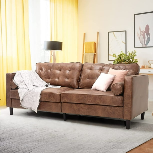 YODOLLA 84.2” Tufted Leather Sofa Couch Mid-Century Modern Couches for ...
