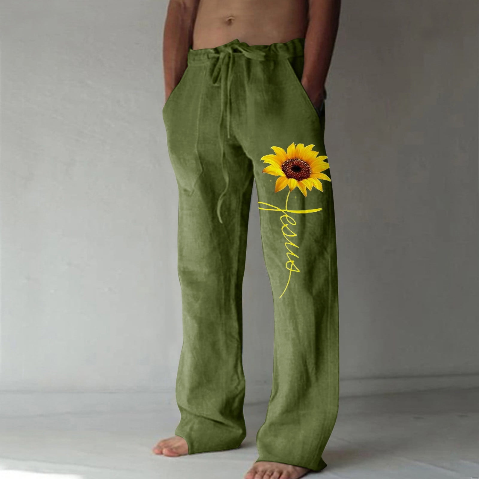 Mens Linen Cotton Pants Casual Yoga Pants Baggy Elastic Waist Trousers