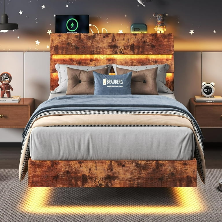 Feonase Floating Twin Size Bed Frame with LED Lights Charging Station Platform Bed with Wooden Storage Headboard Vintage Brown