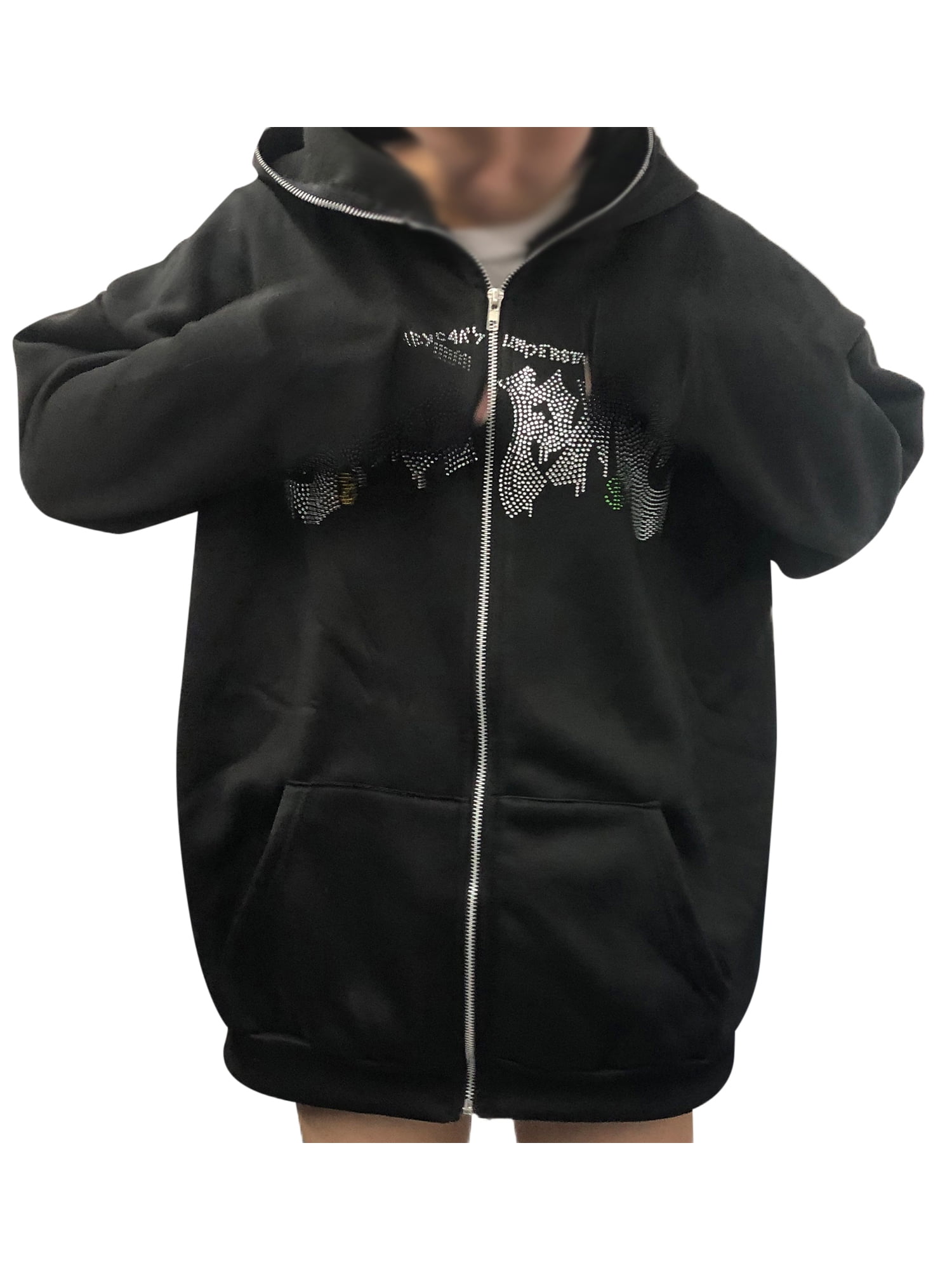 TFFR Couple Jacket, Rhinestone Letters Long Sleeve Hooded Loose Coat ...