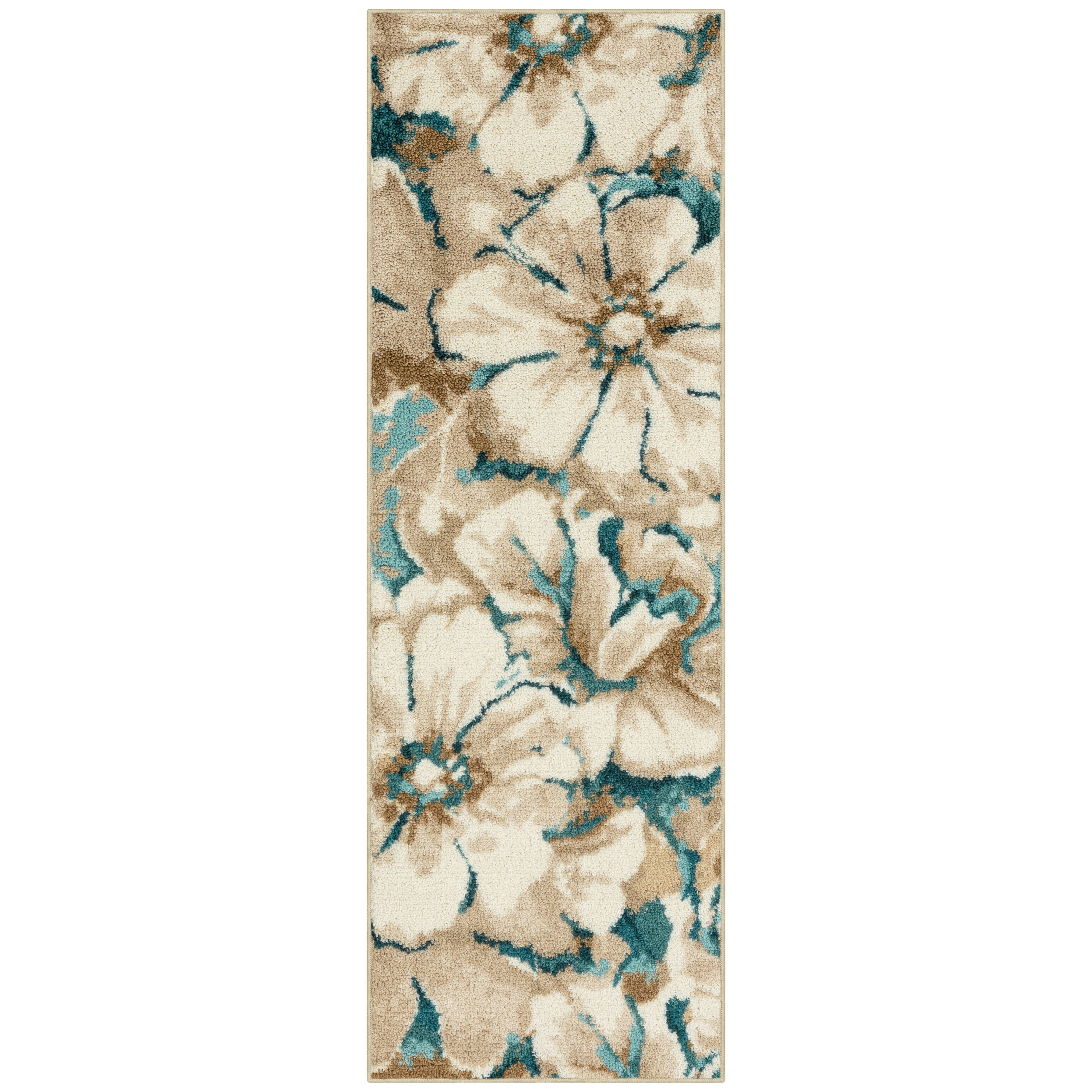 Mainstays Farmhouse Oversized Floral Teal Brown Indoor Hallway Runner ...