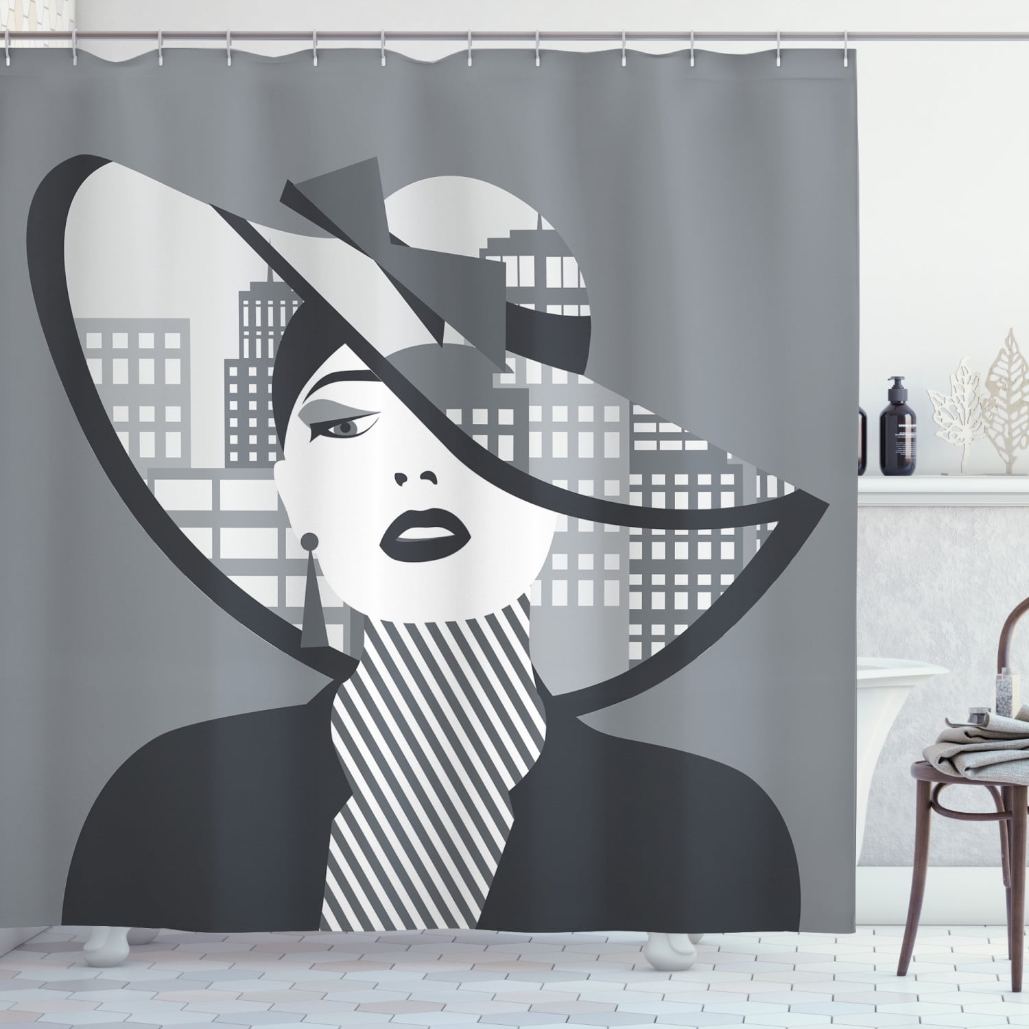 Ambesonne Diva Shower Curtain, City Silhouette and Lady Art, 69"Wx84"L ...