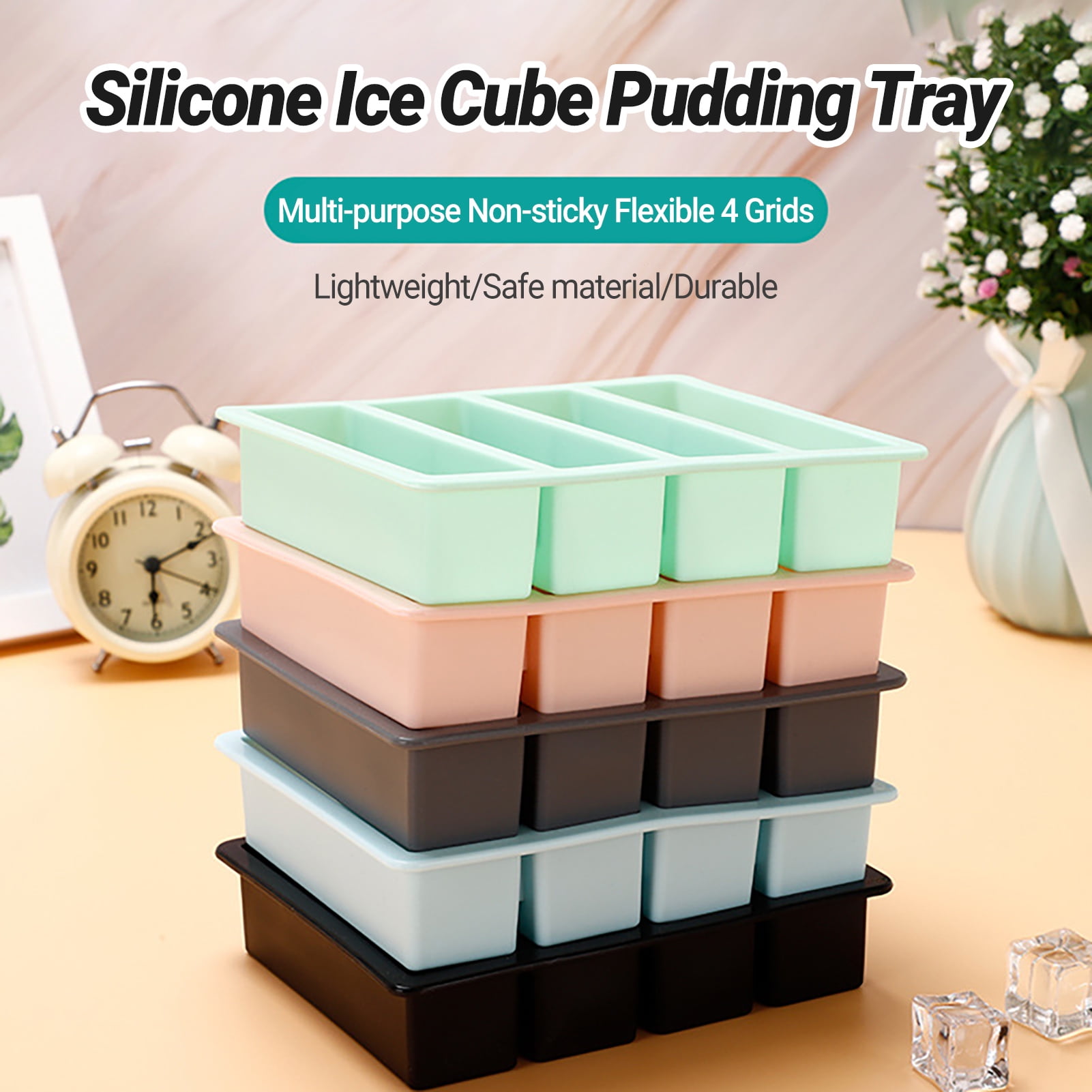 UDIYO Ice Cube Trays Non-sticky Flexible 4 Grids- Large Size Silicone ...