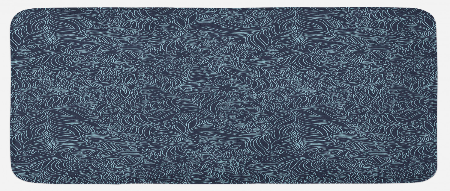 Navy and Teal Kitchen Mat, Abstract Flourish Nature Inspired Pattern ...