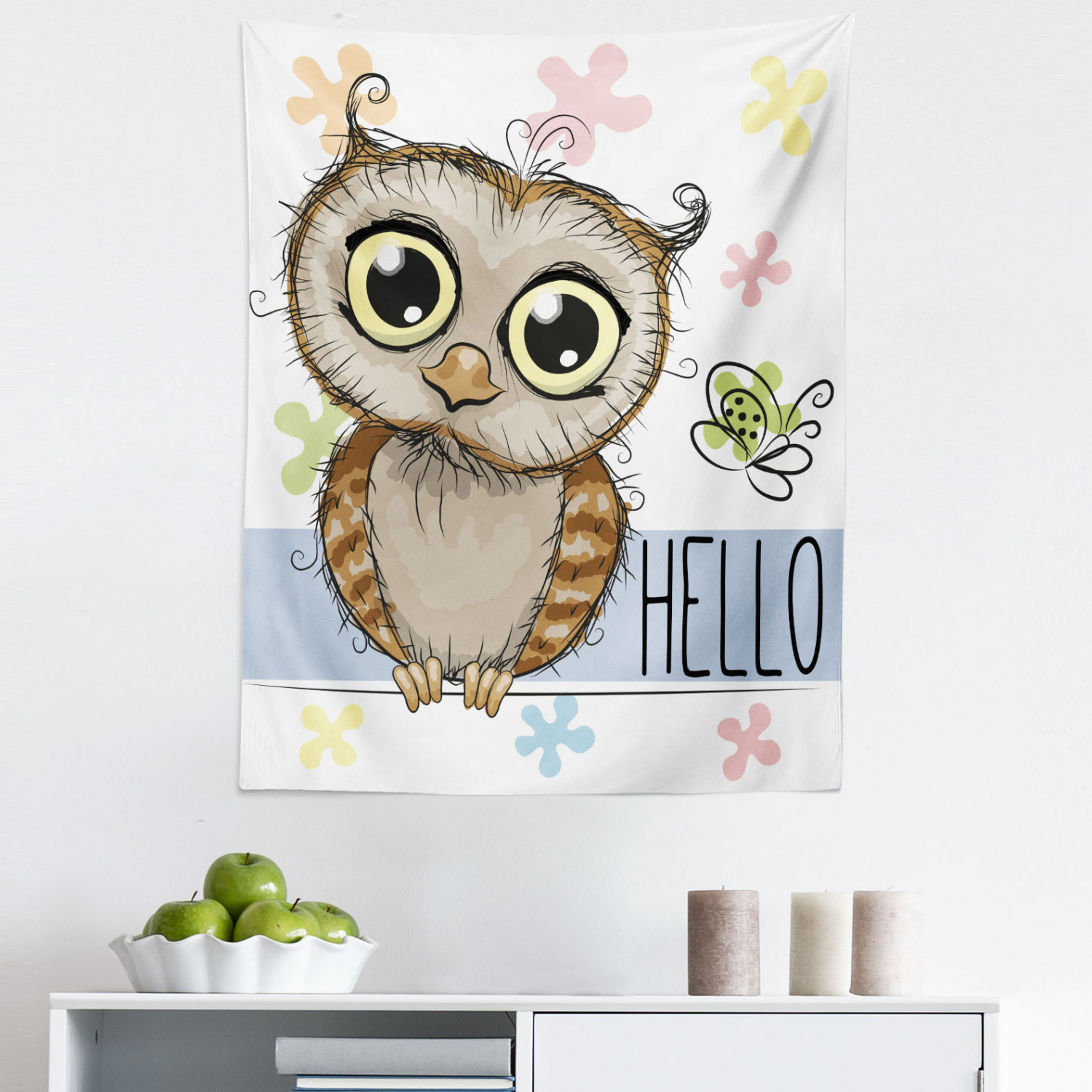 Owls Tapestry, Cartoon Owl and a Butterfly on Floral Background Hello Message Illustration ...