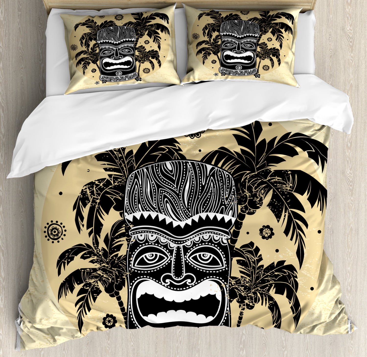Tiki Bar Duvet Cover Set Queen Size, Hawaii Tiki Mask Figure Palm Trees ...