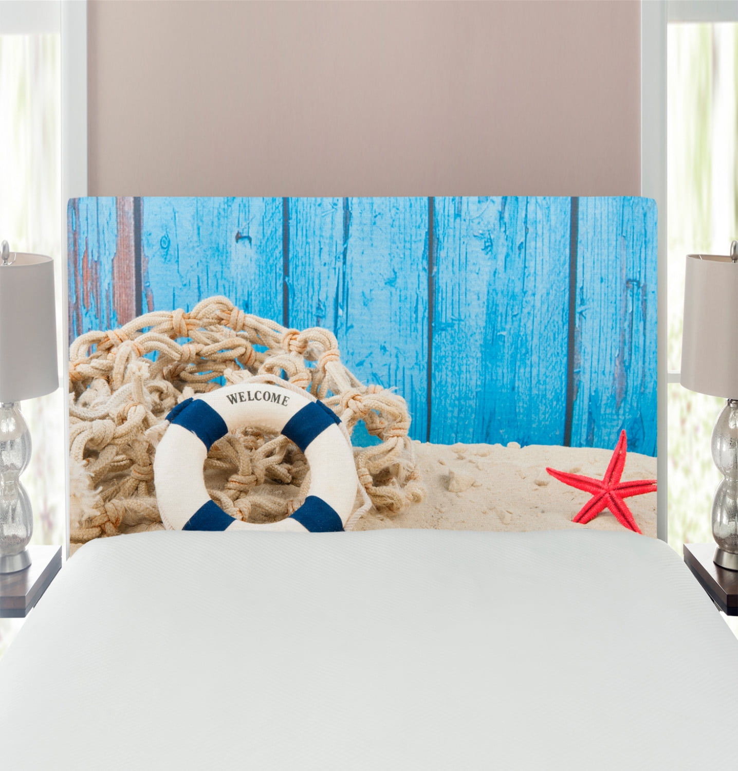 Coastal Headboard, Marine Theme Welcome Message on Beach Coastline ...