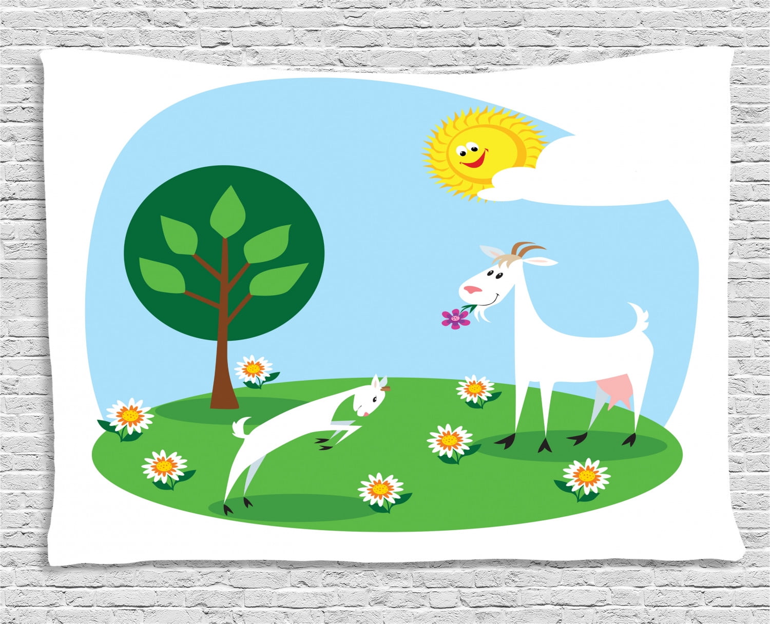 Goat Tapestry, Cartoon Goat and His Baby Playing in the Meadow Eating ...