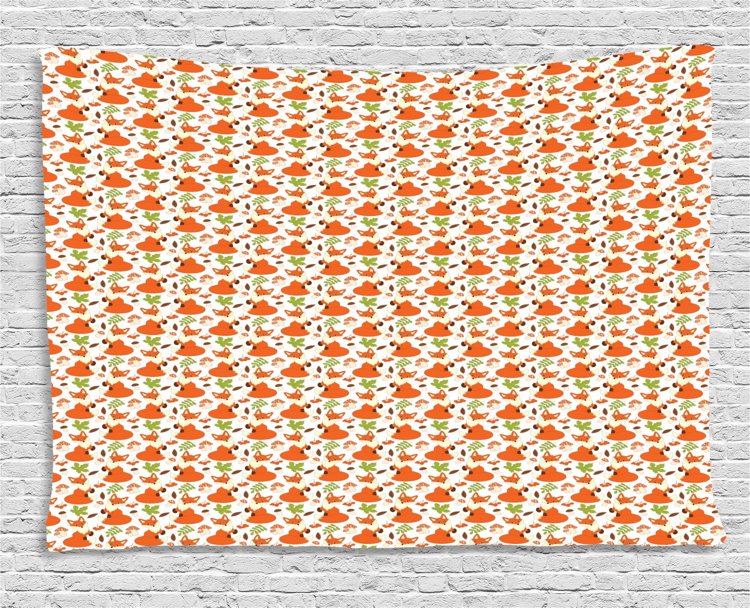 Fox Tapestry, Forest Fauna and Flora with Cute Foxes Leaf and Mushrooms ...